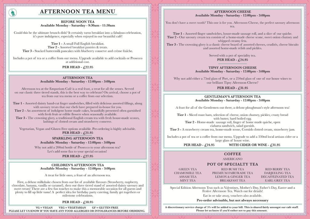 Afternoon Tea Menu – The Emporium Yeovil
