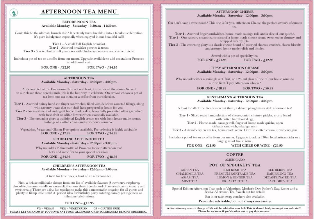 Afternoon Tea Menu – The Emporium Yeovil